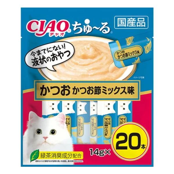 液状おやつです。舐めて食べられるので、子猫や高齢猫ちゃんも食べやすいおやつです。かつお・かつお節ミックス味が２０本入っています。