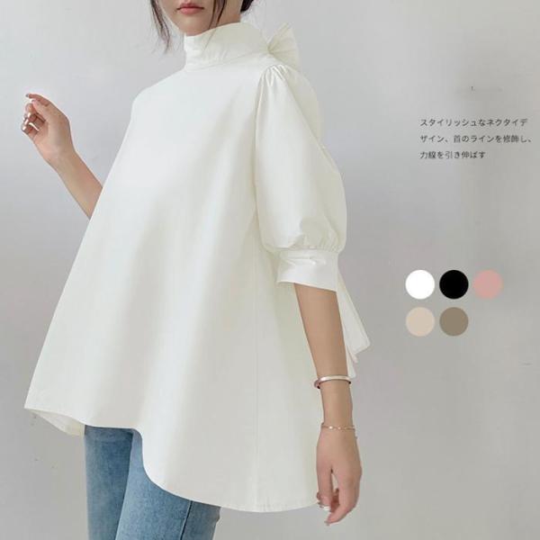 ブラウス レディース 春 オフィス バルーン袖 ボウタイ ハイネック バルーンスリーブ お洒落 ボンブラウスAライン カジュアル シャツ品　番skwhyr04サイズM L XL 素　材ポリエステルカラーピンク、ブラック、ホワイト、ベージュ、...
