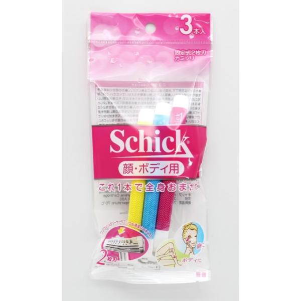 メーカー：Schick単位：3本入り■顔・ボディ用の固定式2枚刃カミソリです■ワンプッシュクリーナー付で、いつも清潔なお手入れ