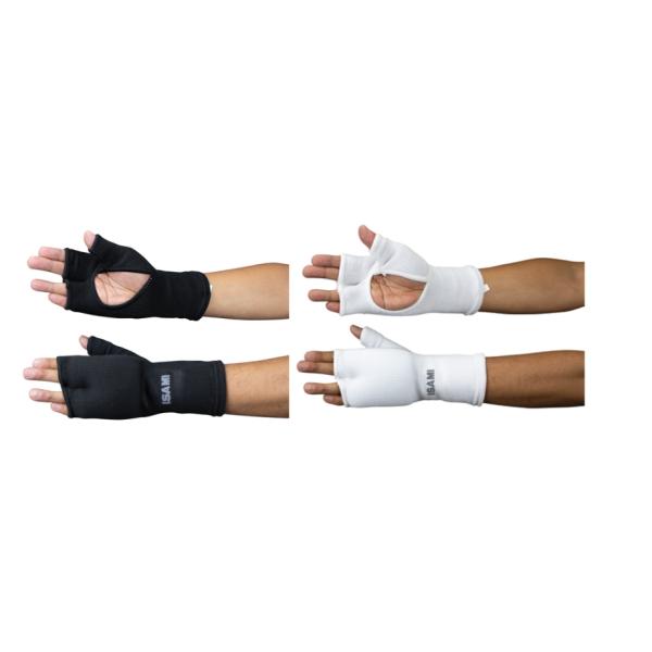 メーカー：イサミサイズ：XS(白のみ)・S・M・Lカラー：黒・白素材：ポリエステル、レーヨン、EVA甲面パッドでしっかりとカバーします。親指カバー付きタイプ手の甲を保護するパッド付き。指部分はパッドのズレを防止する仕様になっており、自然な拳...