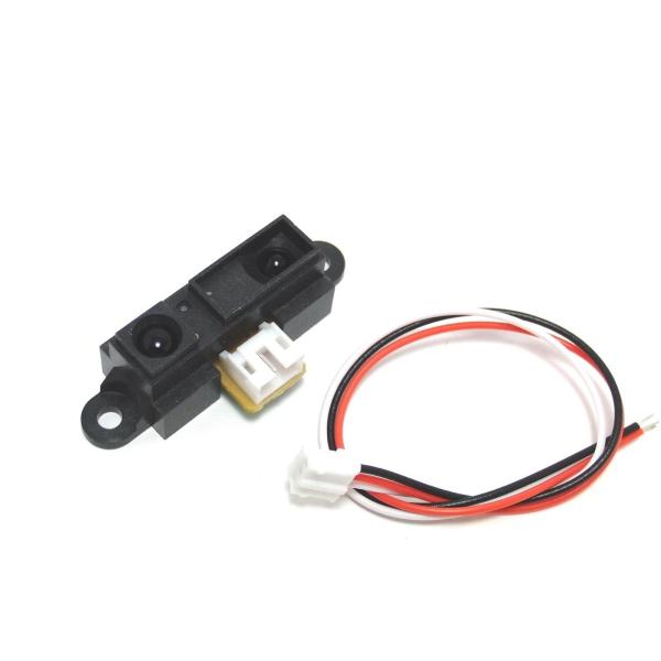 赤外線LEDとPSDを内蔵した距離センサーです。メーカー：シャープ型番：GP2Y0A21YK電源：4.5〜5.5V測距範囲：100〜800mm出力：アナログ電圧出力寸法：29.5×13×13.5mmその他：ケーブル付属