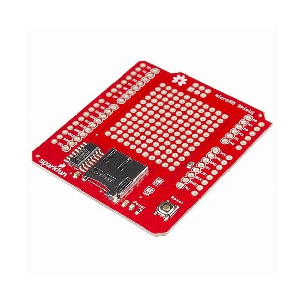 マイクロSDカード用のスロットのついたシールドです。電圧変換チップが搭載されているため、Arduino Unoなどでもこのまま使えます。  マイクロSDとArduino間の通信はSPI方式です。マイクロSDのSCK,DI,DOは,Ardui...