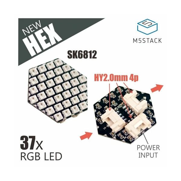 六角形のフルカラーLEDパネルです。37個のNeoPixel互換RGB LEDを搭載しています。Grove互換のケーブルで簡単にM5Stackなどと接続できます。入力ポートと出力ポートが備えてあり、複数のパネルを接続し制御することができます...