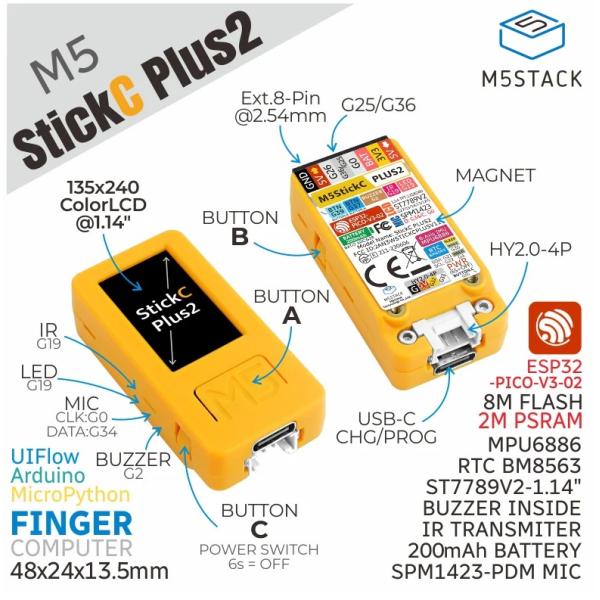 M5StickCを大画面（18.7%拡大）にしたアップグレード製品M5StickC Plusの最新バージョンです。ESP32-PICO-V3-02を搭載し、BluetoothとWi-Fi通信が可能です。コンパクトなボディに、赤外線、RTC、...