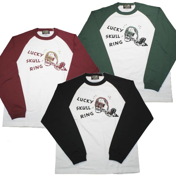 ヴィンテージスカルリングをモチーフにした「ラッキースカルリング」をフロントにプリントしたラグランスリーブ長袖Ｔシャツです。アメリカンヴィンテージライクをゆったりとしたシルエットで再現した一枚です。素材: 綿100%Mサイズ:着丈70cm バ...