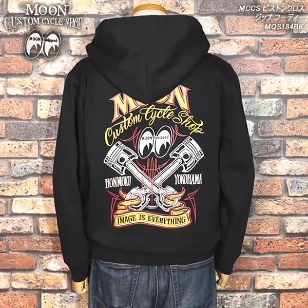 ★IMAGE IS EVERYTHINGMOON Custom Cycle Shop (MCCS) ブランドらしい、モーターサイクル パーツのピストンをフィーチャーした Wildman石井氏デザインのジップフーディー。★クロスするピストン、...