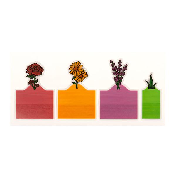 本の大事なポイントをかわいくマークする4 種類のステッカーセット。バラ、黄色いデイジー、ヒヤシンス、草の葉のデザインで、お気に入りのページを楽しく彩ろう。合計100 枚のステッカー入り。破れにくい透明プラスチック製。サイズ：W2.6×D0....