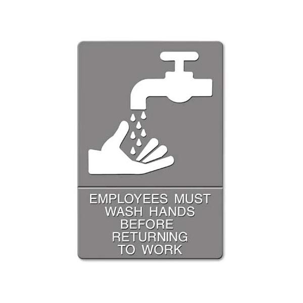アメリカのショップやオフィス、工場、公共施設などで実際に利用されているプレートサイン。EMPLOYEES MUST WASH HANDS（従業員は仕事に戻る前に手を洗う必要があります。）サイン。認識性に優れたホワイトサイン（アメリカADA準...