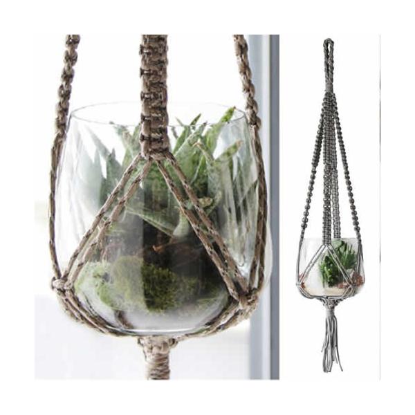 マクラメ編みのプラントハンガーをUSメイド、ミルスペック規格のパワコードで編み込みました。エアプランツの観賞用アイテムとして。サイズ：L70〜80cm素材：ナイロン生産国：バングラディシュ※ガラスプランターは付属しておりません。※一つ一つ手...