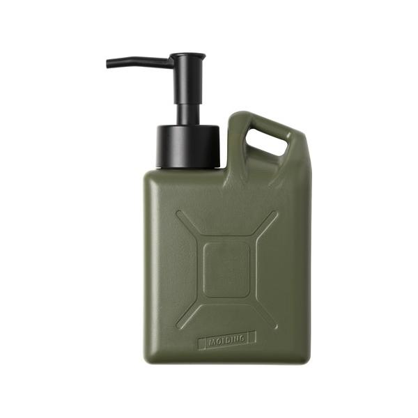 アウトドア、ミリタリーテイストのディスペンサー。 シャンプーやコンディショナーなどに。サイズ：W9×D6×H16.5cm容量：450ml重量：0.2kg素材：HDPE(高密度ポリエチレン)、ポリプロピレン生産国：中国