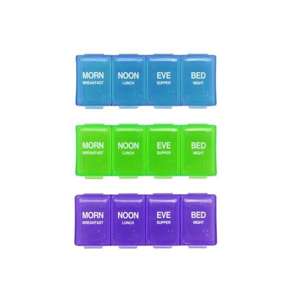 服用時間帯に合わせて錠剤を収納できるピルケース。グリーン/ブルー/パープルのカラーアソート。ブランド：ezy dose / USAサイズ：W8.5×D3.5×H2.5cm素材：ポリプロピレン生産国：中国<ご注意：カラーアソートでの入荷...