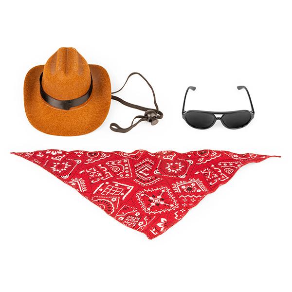 ウェスタンスタイルを楽しむ猫用ドレスアップキット。サングラス、カウボーイハット、バンダナのセットで、SNS 映えもばっちり！サイズ：(hat)W10.5×D13.5×H6cm, cord22.5cm (bandana)W35×H17cm,(...