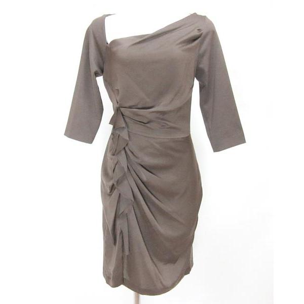 アンナリタエンネ Anna Rita N DRESS 茶 7分袖 ワンピース 42　≫　おしゃれなデザインの大人ワンピース。2種類の生地使い、胸元のカッティングやドレープ、フリルなど凝ったデザインになっています。お出かけスタイルやちょっとし...