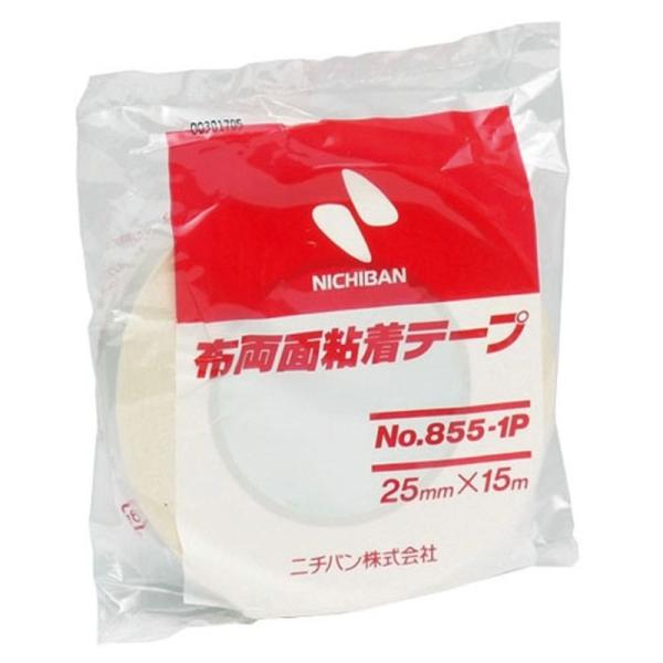 ●商品名前：　ニチバン 両面テープ 布製強力タイプ 25mm×15m 855P-25 ●商品説明：　・【はく離紙】ポリラミ紙・【サイズ】幅25mm×15m巻・【基材】スフ布・【粘着剤】ゴム系(無溶剤)・【粘着力】強力(布製) 【厚さ】0.5...