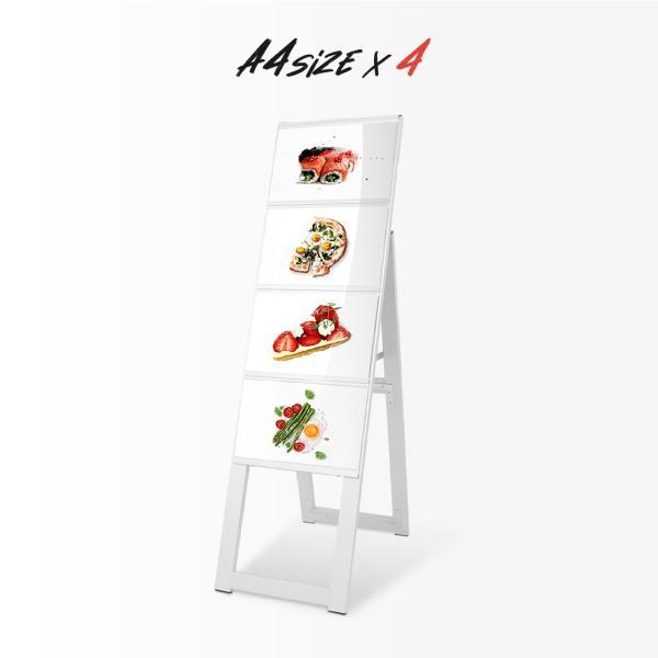 【商品詳細】本体サイズ：W320mm*H1210mm*D580mm本体カラー：シルバー対応パネル：カードケース（A4サイズ）*4枚本体材質：アルミ押し出し材、アルマイト仕上レール：アルミジョイナー、アルマイト仕上取付方法：ポスター入れ替え