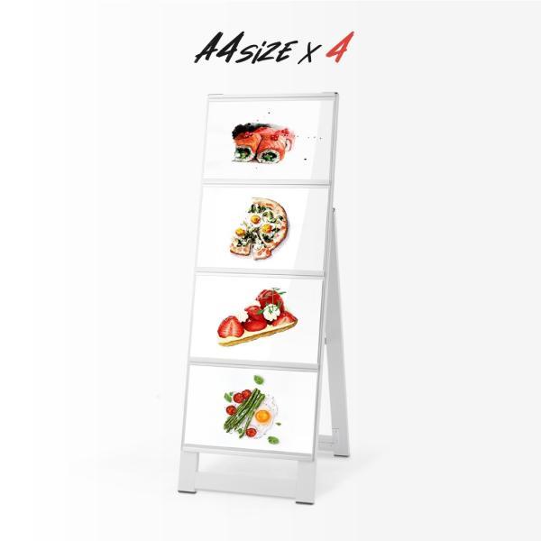 【商品詳細】本体サイズ：W320*H1000*D430mm本体カラー：シルバー対応パネル：カードケース（A4サイズ）*4枚本体材質：アルミ押し出し材、アルマイト仕上レール：アルミジョイナー、アルマイト仕上取付方法：ポスター入れ替え