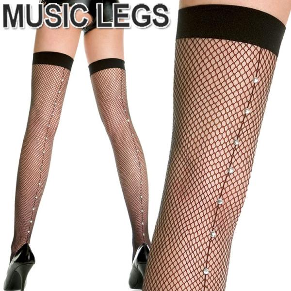 【メール便OK】日本でもBガールやダンサーをはじめ、絶大なる支持を得ております♪ランジェリーやコスチュームを扱う、アメリカの有名ブランドMUSIC LEGSが登場!!バックシームにラインストーンが付いたフィッシュネット素材のサイハイストッキ...