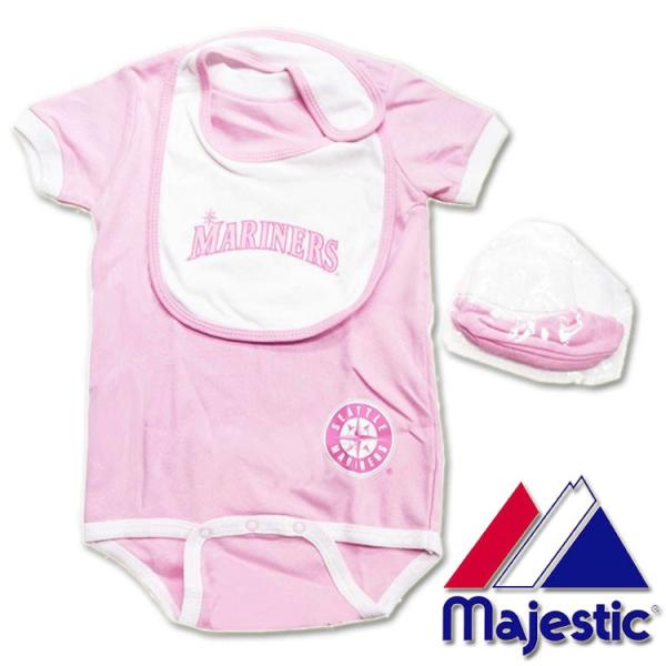 【メール便不可】MLB好きやマリナーズファン、B系のパパ&amp;ママ必見!これからの季節に大活躍な3ピースセット♪記念に飾っておきたい位かわいく、お出かけや記念撮影に着せたいです☆●Majestic(マジェスティック)社製、MLB“Sea...