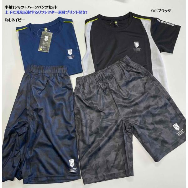 毎年夏場に人気のある　吸水速乾タイプ（ポリエステル素材）の半袖＋ハーフパンツセットです！夜間の安全を考えたリフレクター（光反射テープ）付き！　素材的に火には弱いですが、お出かけ用からパジャマ代わりまで幅広くカバーする商品です！素材：ポリエス...