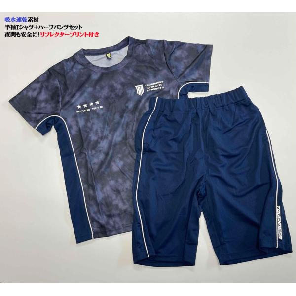 毎年夏場に人気のある　吸水速乾タイプ（ポリエステル素材）の半袖＋ハーフパンツセットです！夜間の安全を考えたリフレクター（光反射テープ）付き！　素材的に火には弱いですが、お出かけ用からパジャマ代わりまで幅広くカバーする商品です！素材：ポリエス...