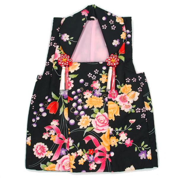 七五三 ３歳 女の子 被布コート 単品 黒 バラ 薔薇 リボン チューリップ 桜 さくら 花 レトロ 子供 キッズ 三才 雛祭り ひな祭り 桃の節句 お正月 誕生日 着物 洗える ポリエステル 購入 女児 T w869◆寸法着丈（背から）：...