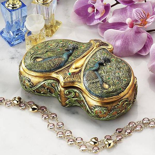 【アールヌーボー調 ツインピーコック(2匹の孔雀)ジュエルボックス（宝石箱）彫像/化粧室 誕生日お祝い ネイルサロン プレゼント贈り物(輸入品)】---------------------------------【Design Toscan...