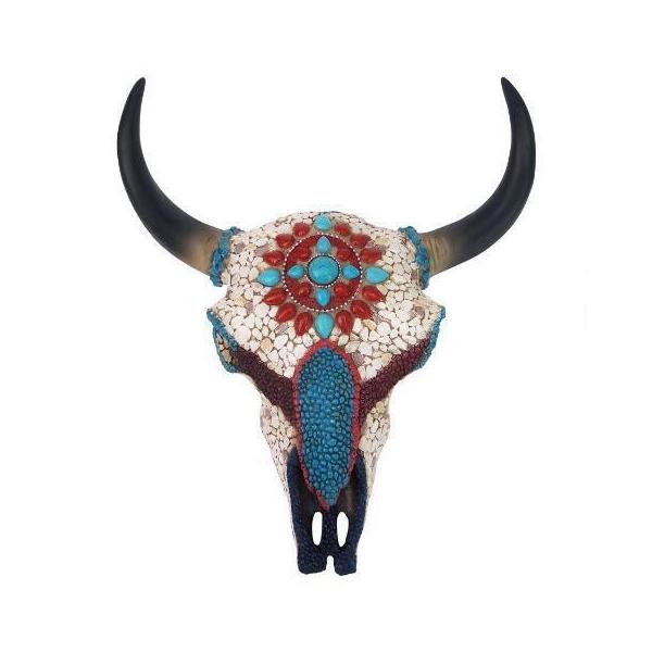 【デザイン・トスカノ製 西洋インテリア 精霊の平原の戦士 模造の宝石に鏤められた牛の頭蓋骨彫像 西洋彫刻、フルカラー彫像 彫刻（輸入品）】-------------------【Design Toscano Mystic Plains Wa...