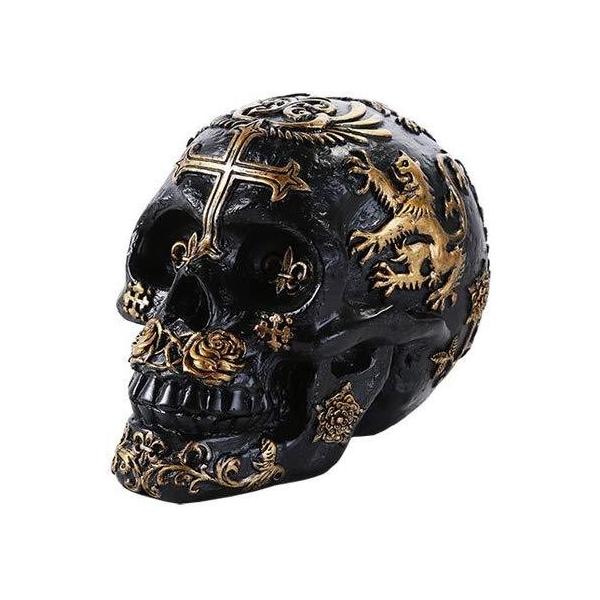 幸運の髑髏！宝くじ当選！【セント・ジョージのブラックとゴールド色のテンプル騎士団の紋章が入った、ロイヤル ライオンズ・スカル（頭蓋骨）グッズ彫刻 彫像 プレゼント（輸入品）】----------------------------【Paci...