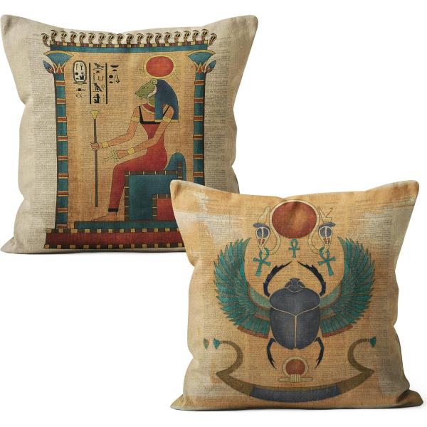 古代エジプト柄 装飾枕カバーセット - 2 ピース 45.7cm x 45.7cm 象形文字 ヒエログリフスローピローカバー パーティールーム エジプト愛好家へのギフト 太陽神ラー彫刻小物 ホームデコプレゼント輸入品------------...