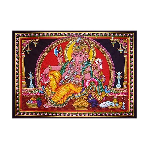 【綿生地 ヒンズー教 ガネーシャ神 タペストリー 障害を取り去る神（夢をかなえるゾウ）商業の神・学問の神ヨガ・スタジオ アロマ サイズ幅 約109.2ｃｍ×高さ 約76.2ｃｍ インド製 リビングルーム装飾アート プレゼント 贈り物(輸入品...