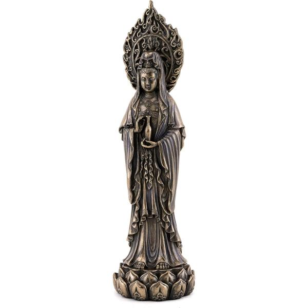 セール！即納！蓮華台座の上に立って瞑想する観音菩薩 彫像 - 慈悲と慈愛の観音女神彫刻、ブロンズ風高さ 約18.4cm 仏教彫刻像 玄関 コレクション プレゼント 贈り物 輸入品---------------------Top Collec...