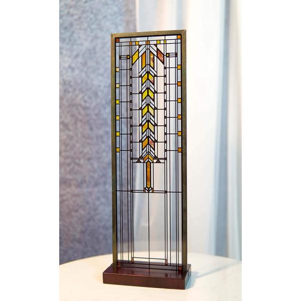 【フランク・ロイド・ライト作「バートン ハウス」 ビュッフェ・ドア ・ウィンドウ・デザインステンドグラス・アート・サンキャッチャー メタルフレーム ハンギング ウォールデコレーション または デスクトップ装飾置物 彫刻 高さ 約35.5ｃｍ...