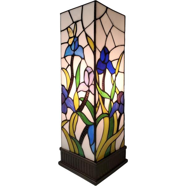 アモラライティング製 ティファニースタイル テーブルランプ バンカー ブルーグリーン ピンク アイリス(アヤメ, 花菖蒲) と蝶 ステンドグラス ベッドサイドナイトスタンド ヴィンテージ風アンティーク ワイドハンドメイドギフト彫像アート工芸...