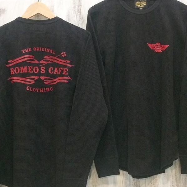 着心地の良いワッフル生地とラウンドテールで大人のリラックス感を演出した、ROMEO'S CAFE ロメオズカフェ オリジナル サーマルロングスリーブTシャツ。前面にはイーグル、背面にはロメオズカフェのエンブレムロゴを配しました。