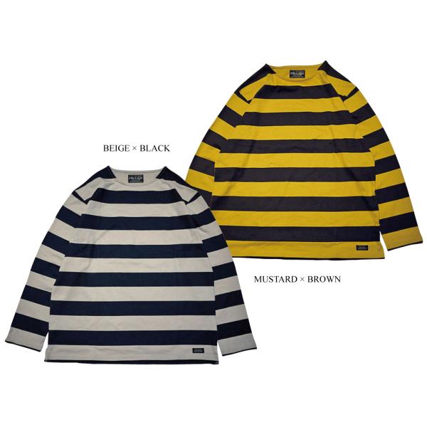 10番糸天竺の程良い厚手素材(度詰め）を使用したボーダーカットソー。セミワイドシルエットに2インチのオリジナルボーダーを採用しバイカー色を演出。首周りをスッキリ見せる浅めのボートネックを採用。