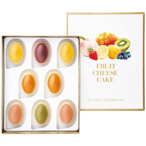 濃厚でなめらかなレアチーズケーキと、芳醇な香りのフルーツソースが二層になった、見た目も色鮮やかな逸品です。箱サイズ：22×4×27.8cm現品サイズ・内容：銀座フルーツチーズケーキ(ピーチ・マンゴー・レモン各2個・キウイ・ミックスベリー各1...