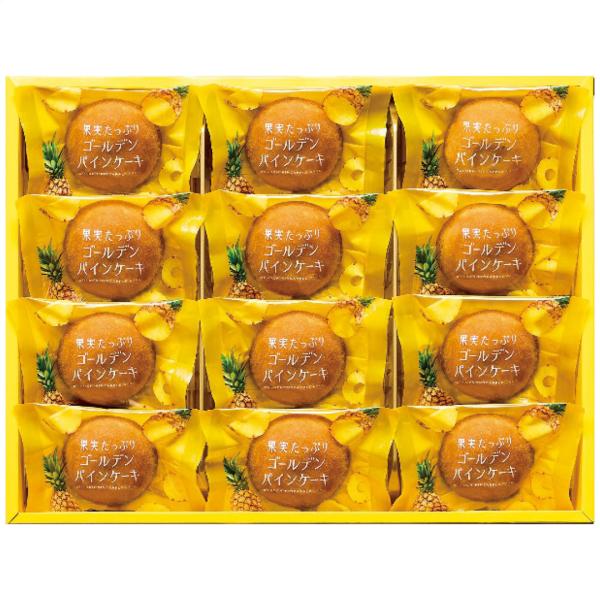 甘酸っぱくトロピカルな香り広がるゴールデンパインをたっぷりと入れ、しっとりと焼き上げましたジューシーなゴールデンパイン本来の味わいをお楽しみください。箱サイズ：34.5×4.2×27.2cm現品サイズ・内容：果実たっぷりゴールデンパインケー...