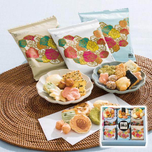 3種の食べきりのひとつつみにそれぞれ個性豊かなあられを詰合せました。パッケージデザインは、ステンドグラスをイメージした色彩豊かな花のモチーフは、日常を華やかに彩ります。爽やかな夏の味わいを加えた夏限定の詰合せです。箱サイズ：33.1×8.8...