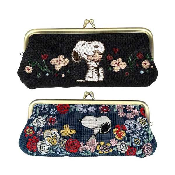 PEANUTS・スヌーピーのゴブラン織がま口めがねケース<br>横幅が広いので中身が取り出しやすい、便利ながま口タイプ！<br>表面と裏面は同じ柄のゴブラン織♪カラー◎スヌーピー・スヌーピー花素材 ◎ポリエステル・綿...