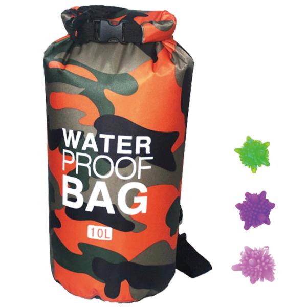 【商品概要】商品内容：携帯用防水洗濯バッグ10L×オレンジ1袋 ランドリーボール×3個（ボールのカラーはランダムとなります）商品サイズ：横幅30cm×高さ55cm ※使用時の最大長を平置き採寸出張や合宿先にコインランドリーが無い場合に重宝す...