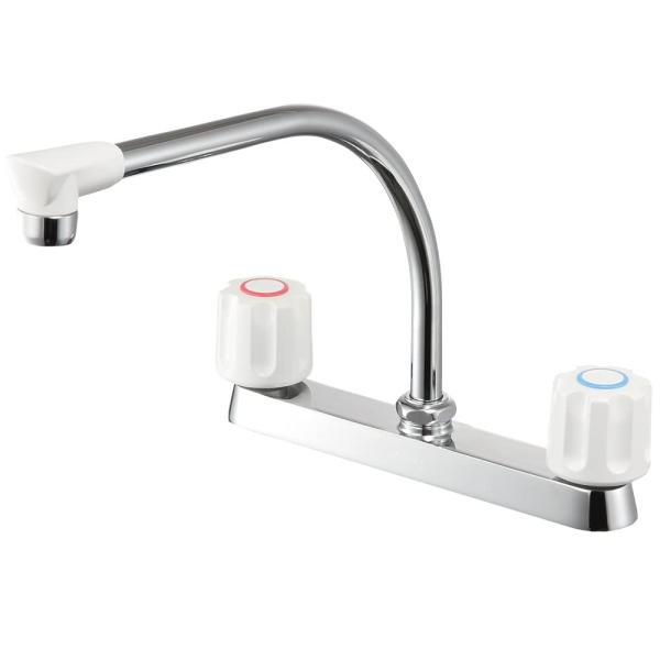 【商品概要】【定番のツーバルブ混合栓】お湯と水が分かれていて、ハンドルを回すだけの簡単な吐水法です。様々な世代から支持されています。高さ196ｍｍアップするのでシンクを広々お使いいただけます。パイプの先端は触れても熱くない断熱キャップ付き。...