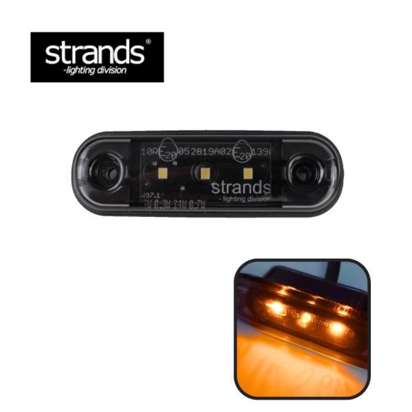 Strands製LEDサイドマーカー【DARK KNIGHT SLIM MARKER 3LED】商品コード：800332 本体が黒く存在感がガラッと変わります【製品仕様】12V/24V対応レンズ色：クリアスモークLED色：オレンジLED数：...