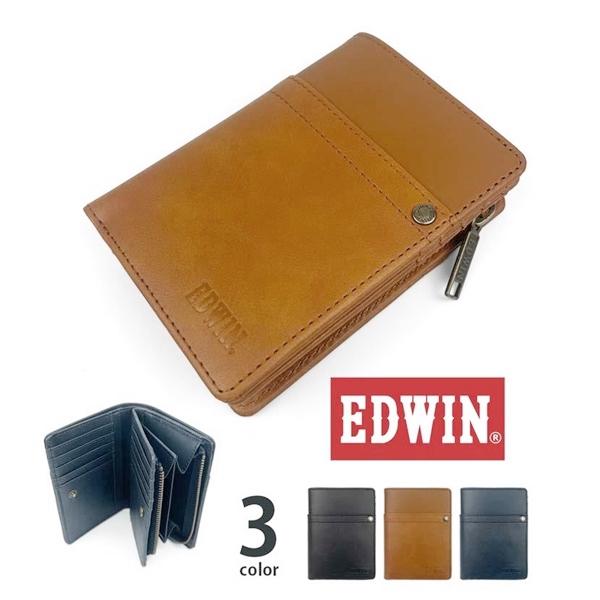 EDWINのL字ファスナー小銭入れ 二つ折り財布『EDWIN★EDWIN』の刻印がされたリベットが2ヶ所施されたお洒落デザイン！L字ファスナーの大きく開閉する間仕切りとマチ付きの小銭入れがとても使いやすいです。カード入れが10ヶ所、フリーポ...