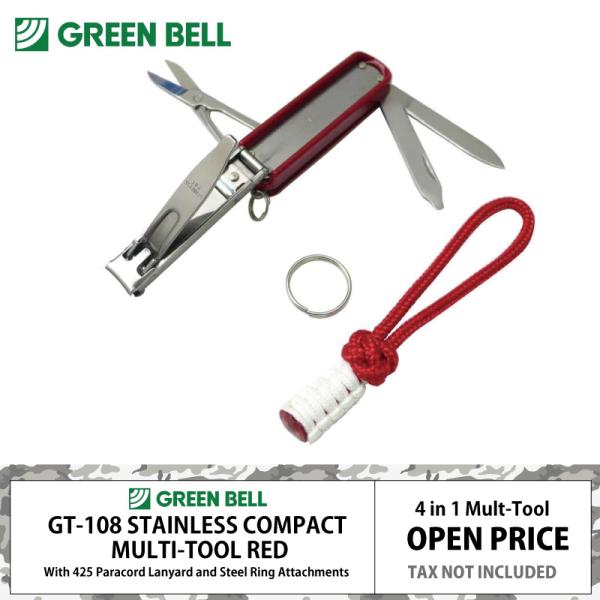 グリーンベル ステンレス コンパクト マルチツール レッド GT-109【購入特典】※425 蓄光エンド パラコードランヤード付き※スチールリング付き【商品説明】つめきり・爪やすり・小型はさみ・ナイフの4つの機能が一つになっているコンパクト...