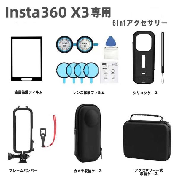 Insta360 X3専用商品内容：1.粘着式レンズガード×22.Insta360 X3 アクションカメラ 用保護シリコン カバー3.Insta360 X3 液晶フィルム4.Insta360 X3フレームケース5.Insta360 X3本体...