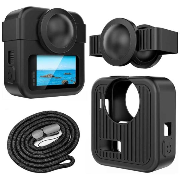 ゴープロ / MAX2 / GoPro MAX2 / ゴープロMAX2 / ゴープロマックス / レンズキャップ + ボディ用シリコンケース＋ストラップ 3点セット 保護カバー 柔らかい 頑丈 防水 防塵 衝撃吸収 シリコン素材