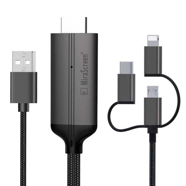 長さ：約2ｍ最新の変換技術により、本体から伸びる３本のケーブル（8Pin/Type-C/MicroUSBケーブル）を使用することで、給電しながらもスマートフォン、iPad、Androidなどのあらゆるデバイスの画面を同時にテレビに映すことが...