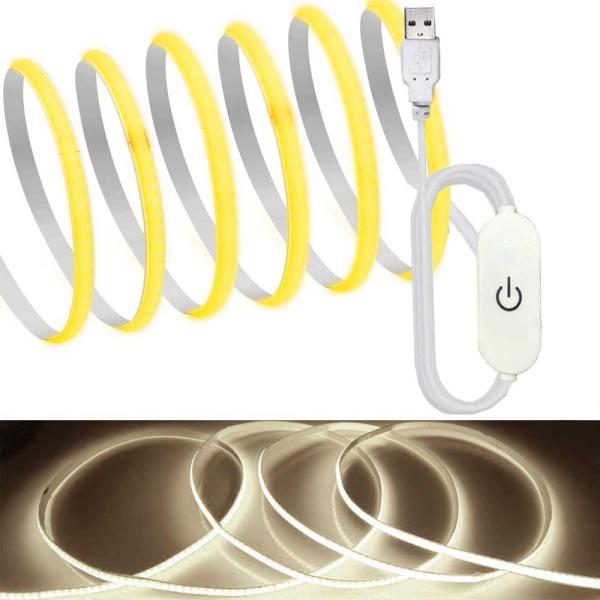 COB テープライトLED 3m USB給電 ストリップライトフレキシブル 高密度 幅5mm 隠れたLEDテープライト3m 320LEDs/m DC5V 180°発光CRI>=90 両面テープ湾曲変形可能 切断可能 寝室 キッチンホー...