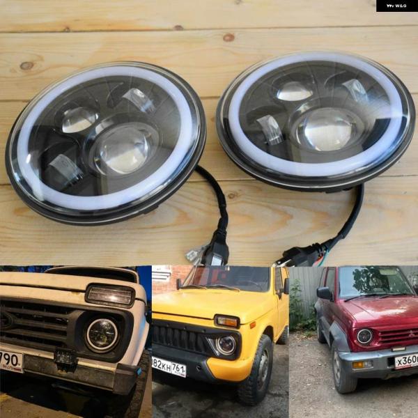 PAIR 7インチカー バイク LED ヘッドライト ハイロー ヘッドランプ 電球 エンジェルアイ付き ラングラー オフロード4X4 スズキ サムライ トヨタ カスタム パーツ アクセサリーHigh-concerned chemical:N...