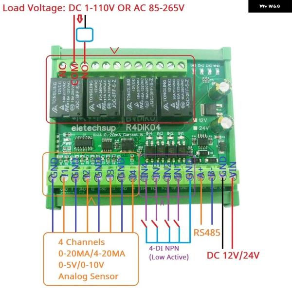 4AI-4DI-4DO 4-20MA 0-5V 0-10V アナログ/デジタル混合IO モジュール MODBUS RTU RS485 リレーボード 電流 電圧 ADC カスタム パーツ アクセサリーEU LVD Voltage:Low vo...
